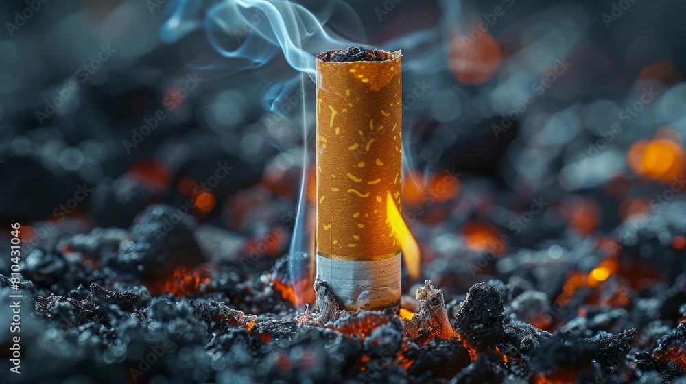 A cigarette is lit on fire in a pile of ash for World No Tobacco Day ...