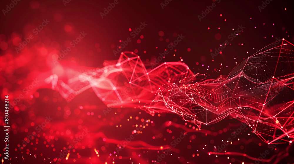 Abstract red tech background with digital waves, Dynamic network system, Artificial neural ...