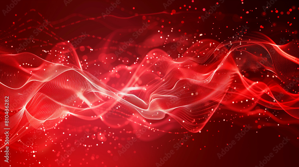 Abstract red tech background with digital waves, Dynamic network system, Artificial neural ...