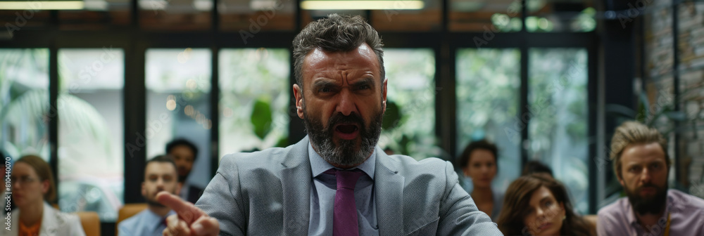 A boss stands up in front of their employees, pointing at them as they ...