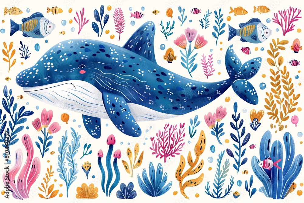 Aquatic Animals Clipart: Hand-Drawn Set of Marine Life Elements Stock ...