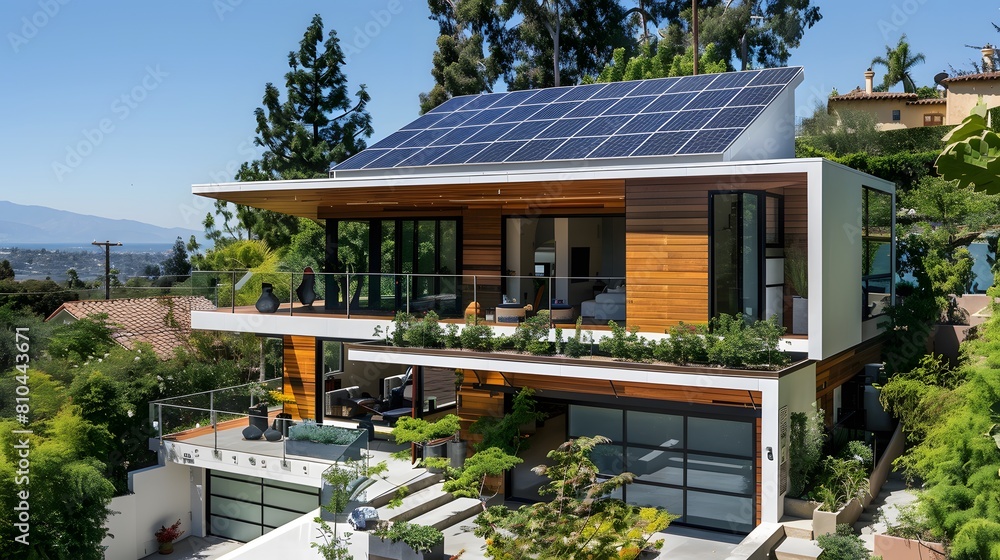 A modern, two-story house in the Hollywood hills area with solar panels ...