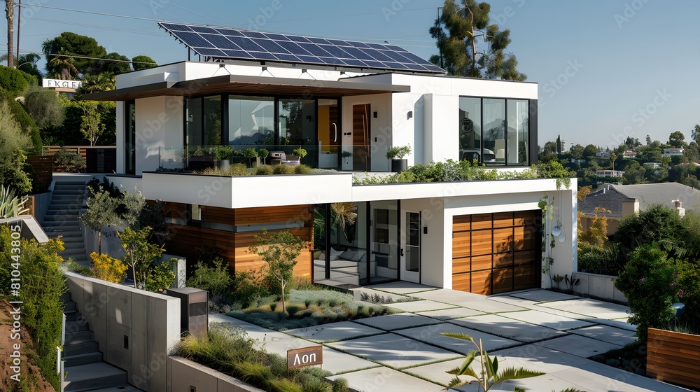 A modern, two-story house in the Hollywood hills area with solar panels ...