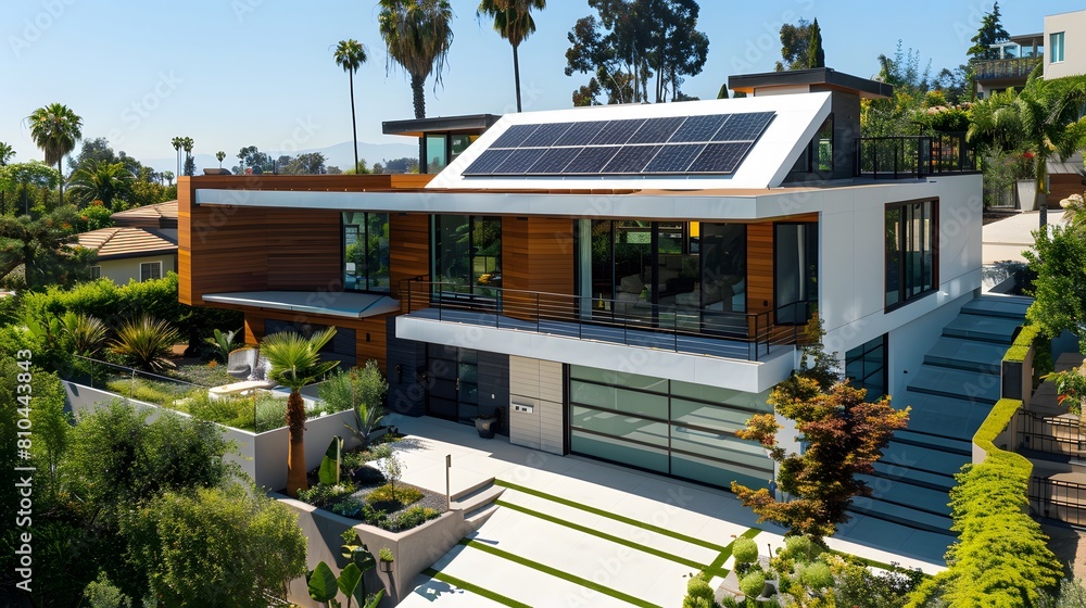 A modern, two-story house in the Hollywood hills area with solar panels ...