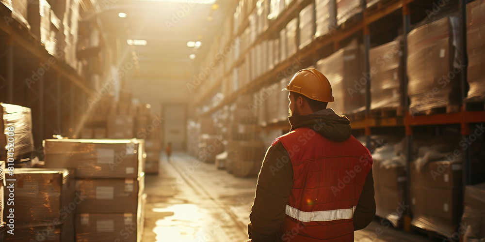 An image of a warehouse worker packing boxes or stacking pallets in a ...