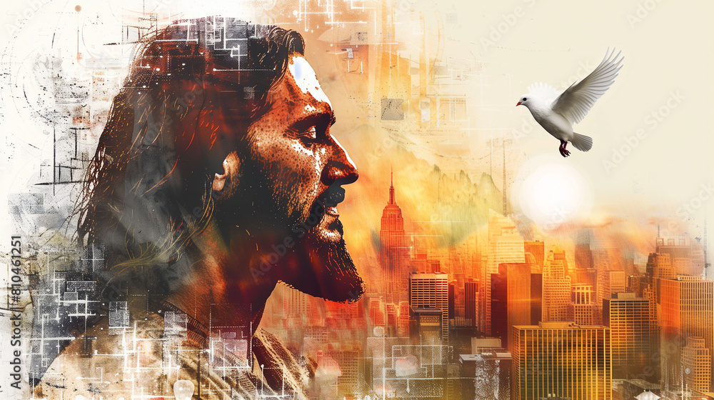 Double exposure art of Jesus Christ, flying dove and cityscape Stock ...