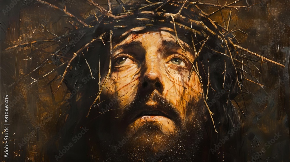 striking oil painting of jesus christ wearing a crown of thorns ...
