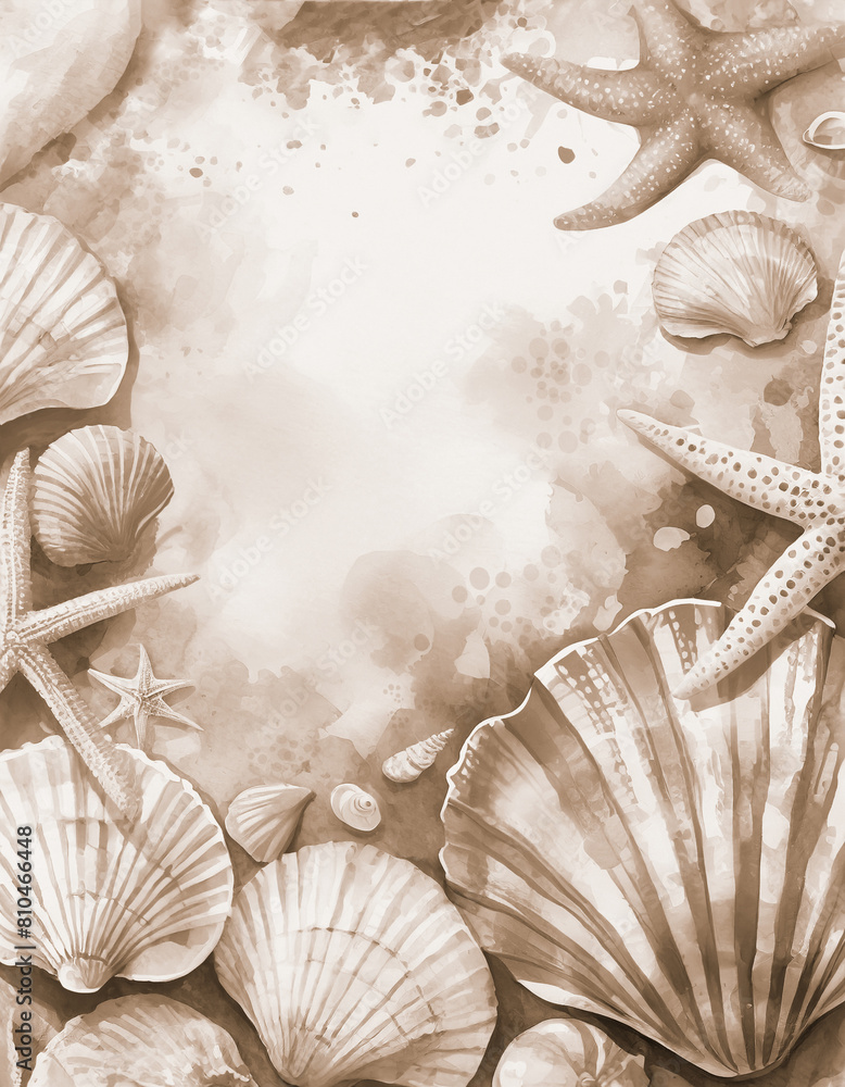 Assorted sea shells cockle shells, other clams, scallop and sea stars ...