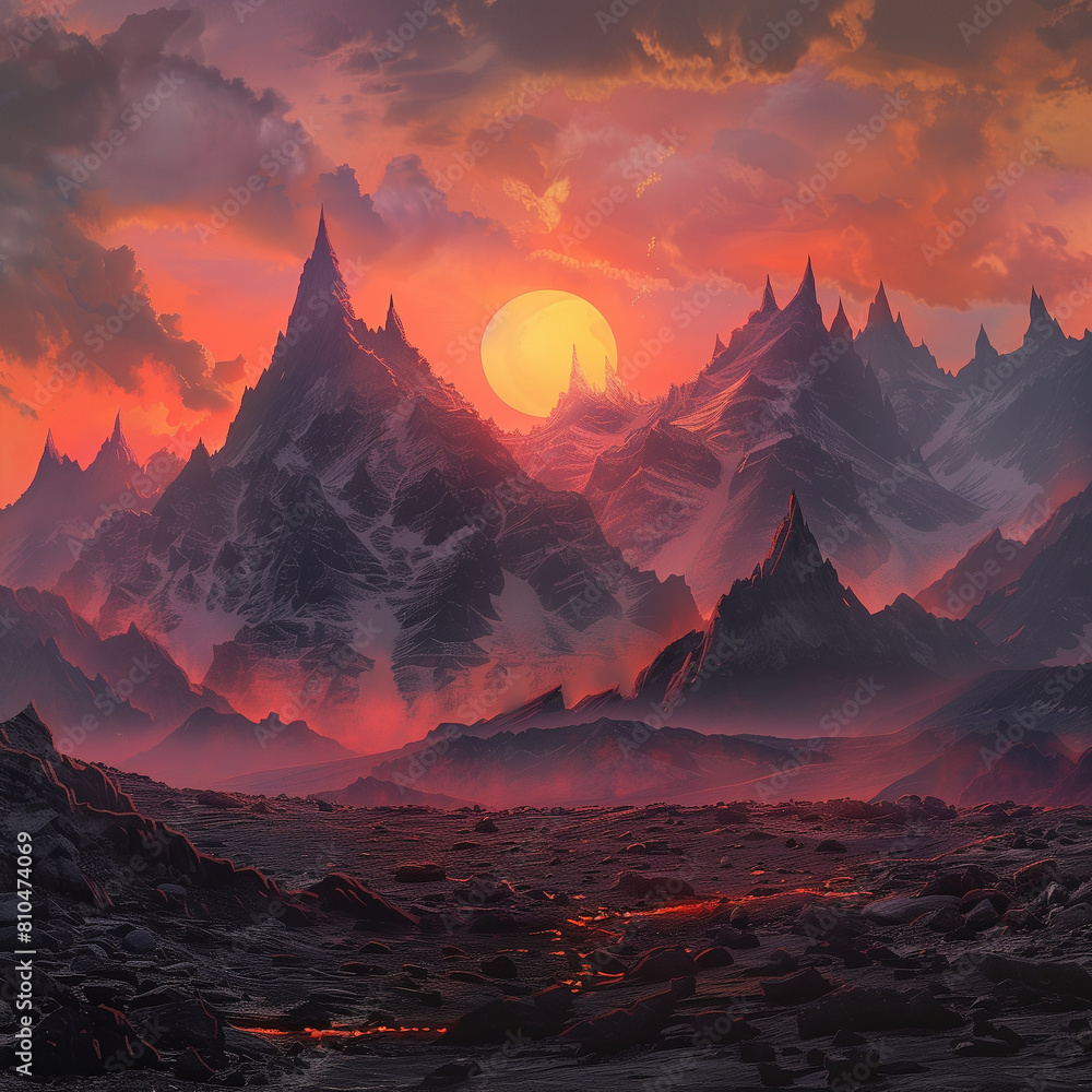 fantasy landscape, mountains in the distance, sun setting behind the ...