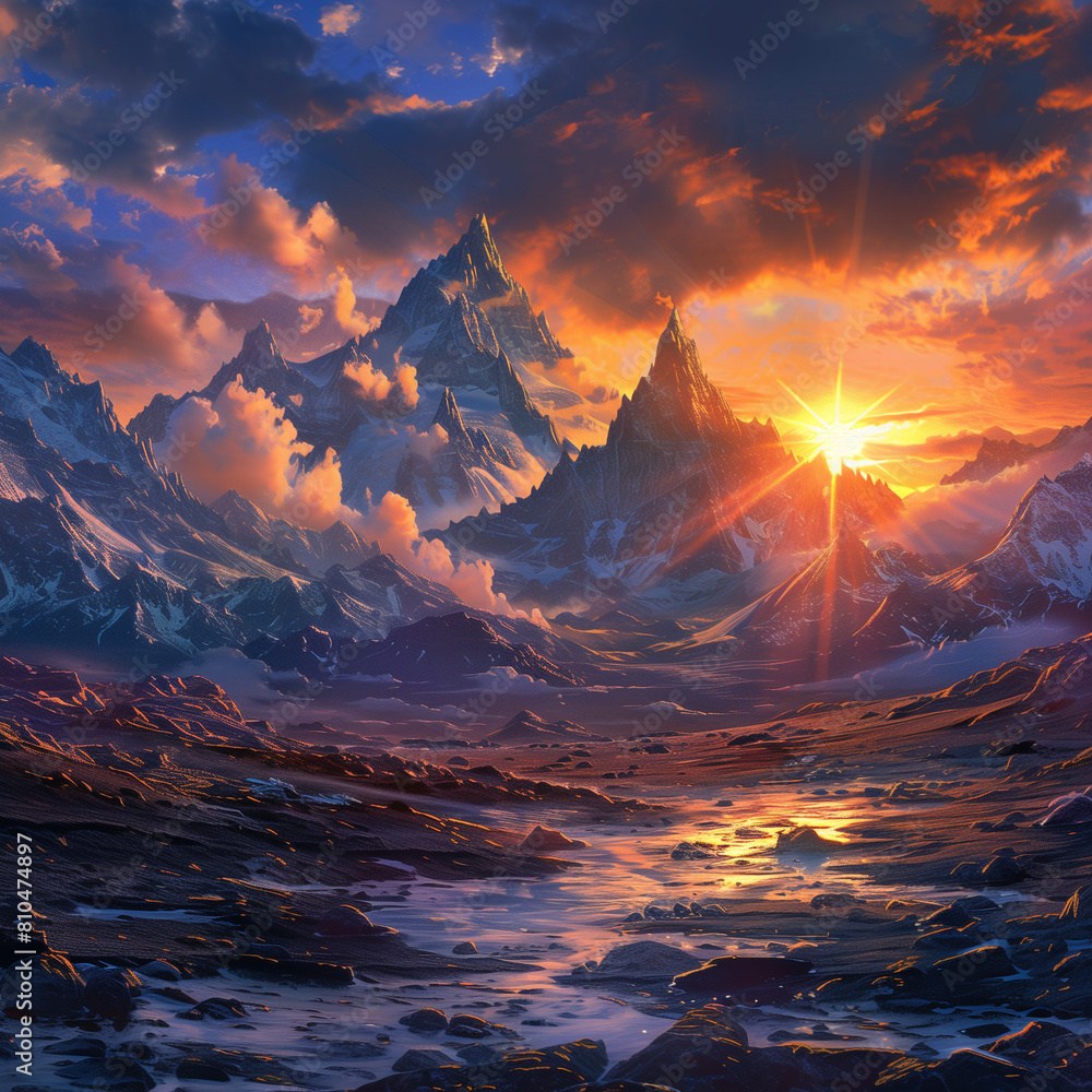 fantasy landscape, mountains in the distance, sun setting behind the ...