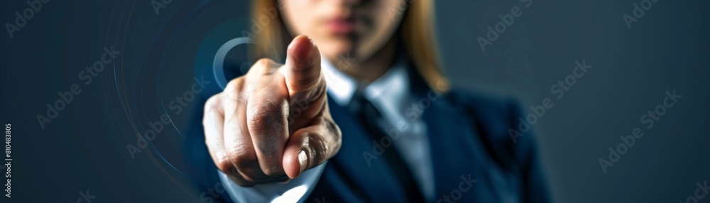 Render a female CEO, dressed in a sleek navy blue suit, torso visible ...