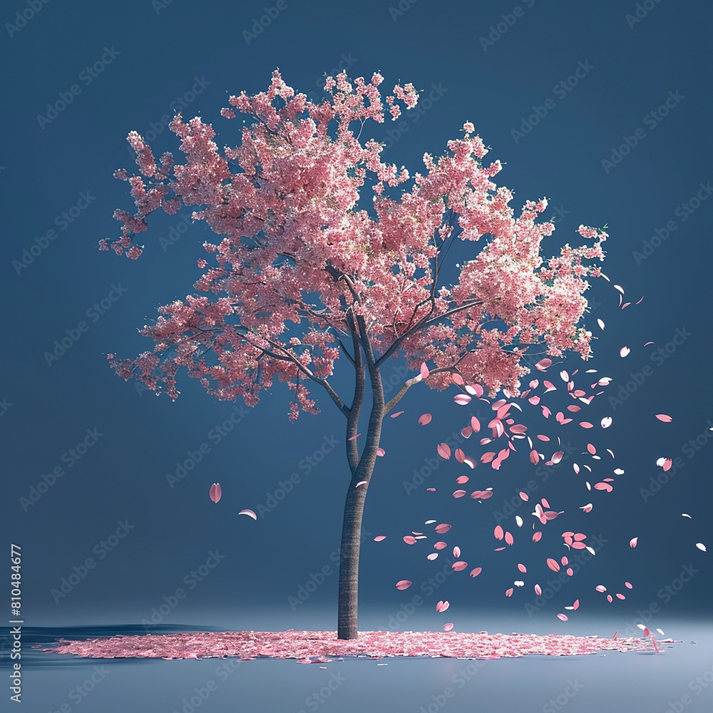 : 3d rendered photos of Sakura tree and falling Sakura leaves on dark ...