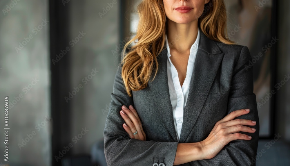 Generate an image of a businesswoman CEO dressed in a black suit ...