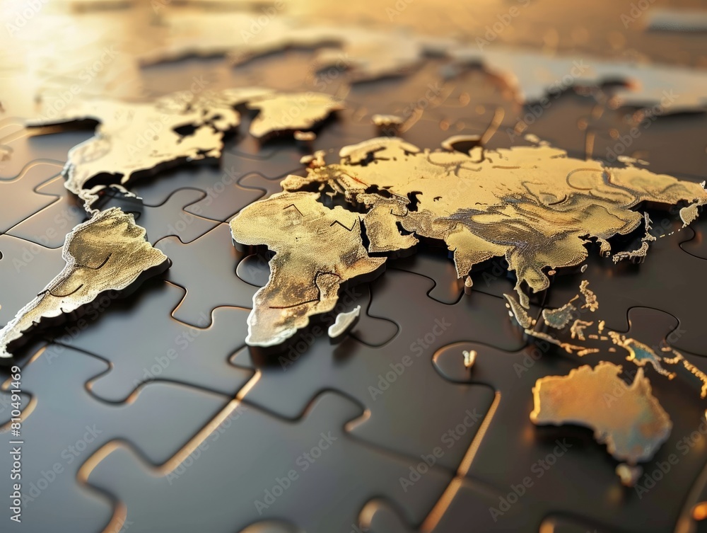 A group of puzzle pieces shaped like continents clicking together ...