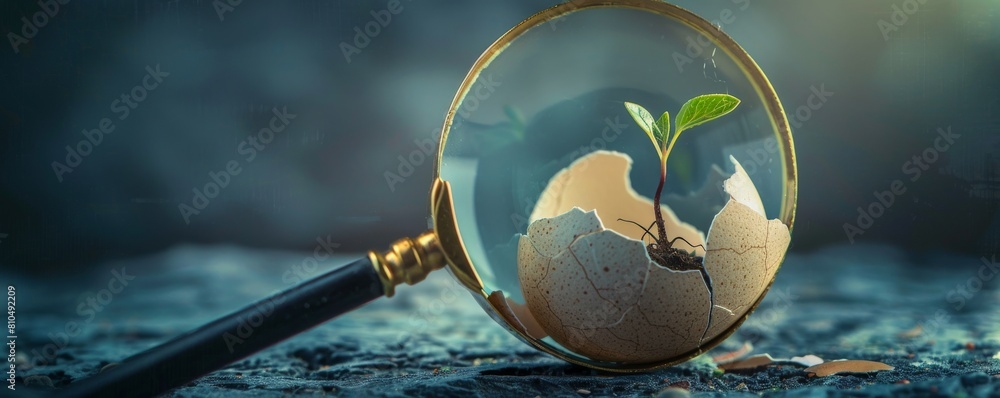 A magnifying glass examining a cracked eggshell, with a tiny seedling ...