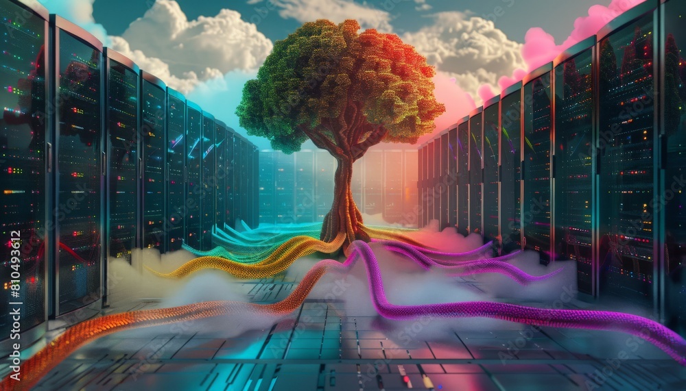 A photorealistic image of a server room with rows of servers connected ...