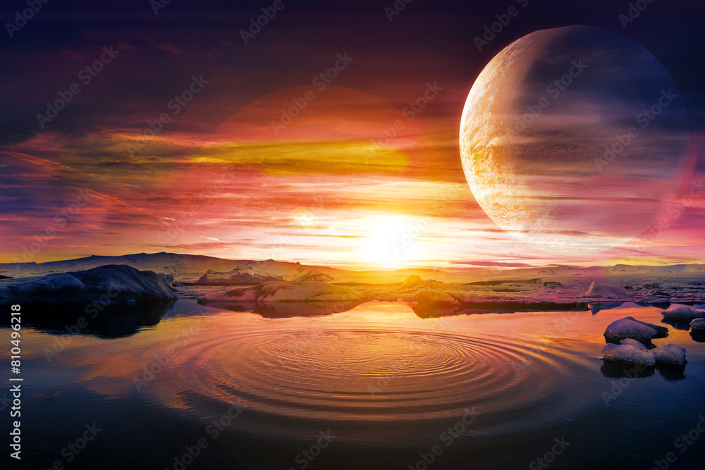 Sunset view from the surface of an alien world, alien landscape ...