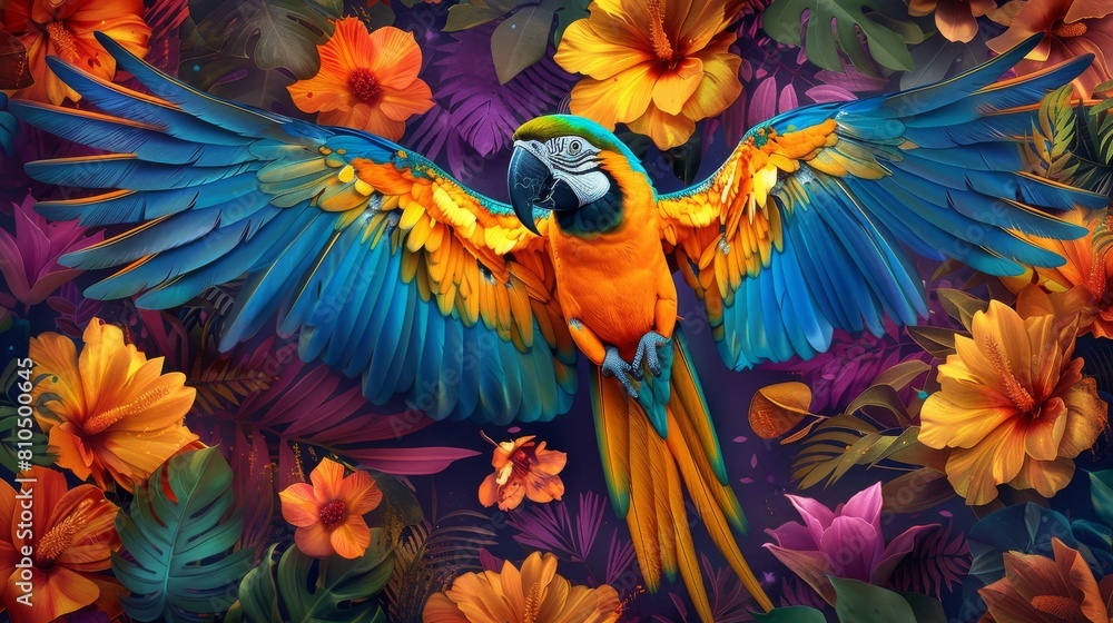 Vibrant Parrot with Spread Wings Surrounded by Tropical Flowers and ...