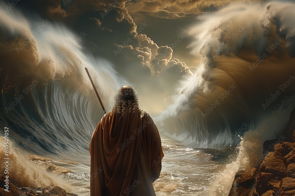 Portrait of the biblical back view of Moses dividing the sea with his ...
