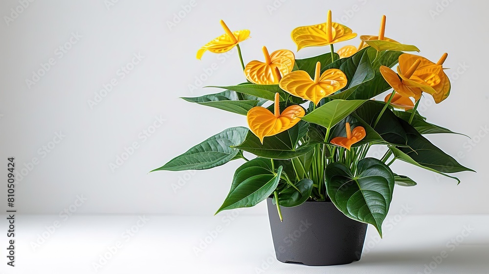 A beautiful still life of a potted Anthurium plant with glossy heart ...
