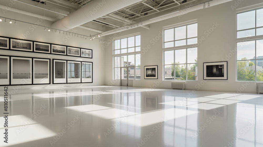 A bright, airy photography gallery with high ceilings, large windows ...