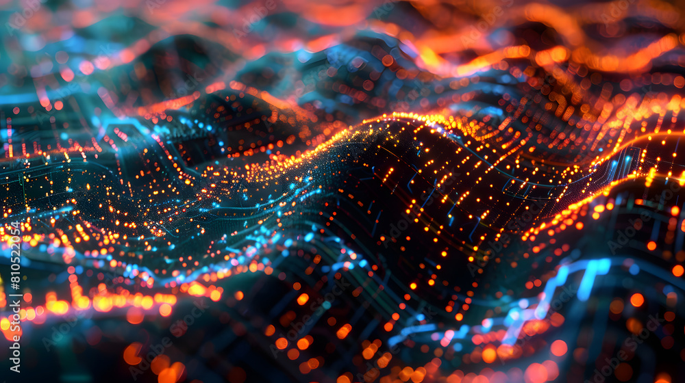 analyzing a graph of future market trends. futuristic city skyline with ...