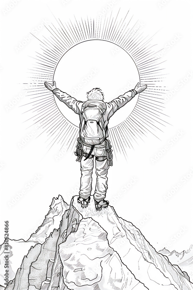 Coloring pages of A person climber rise hands on the top of mountain ...
