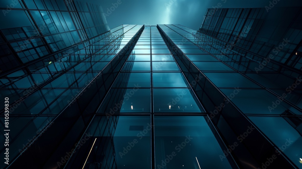 Gazing up at the imposing skyscraper, its reflective surface mirroring ...