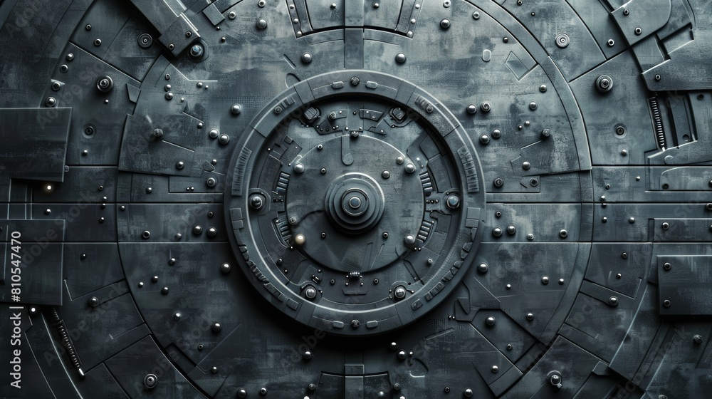 The image is a close-up of a large metal door with a circular pattern ...