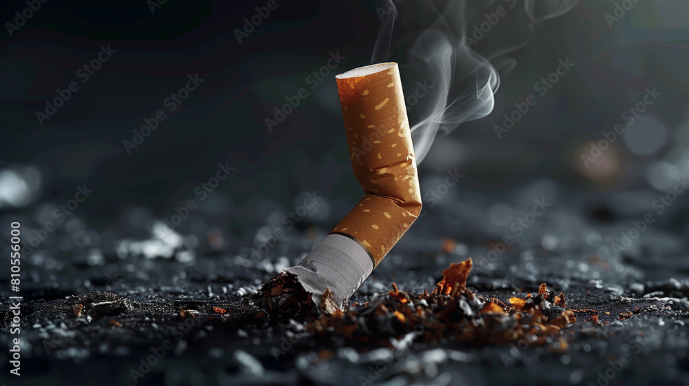 Closeup of floating smoked cigarette butt with flames on dark black ...