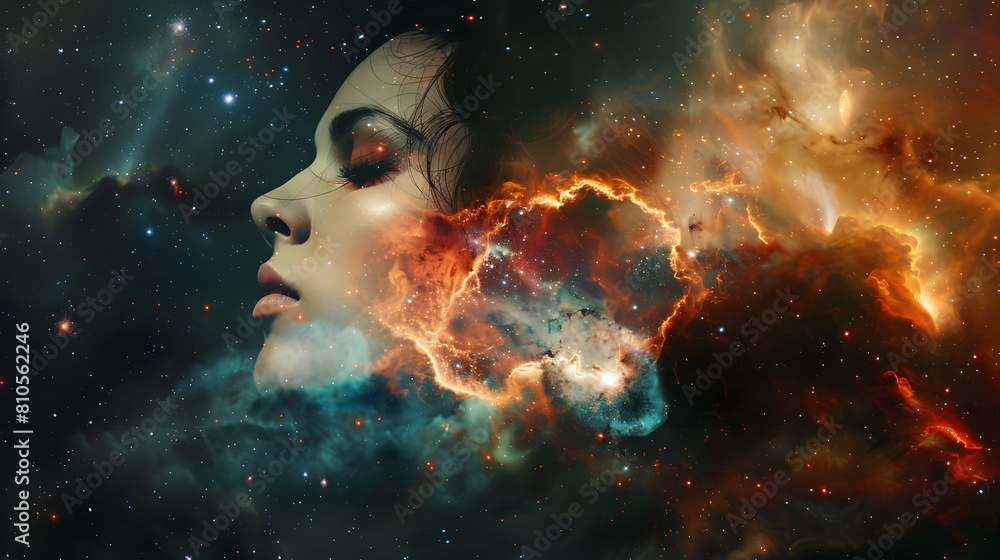 beautiful woman enveloped by the captivating allure of a space nebula ...