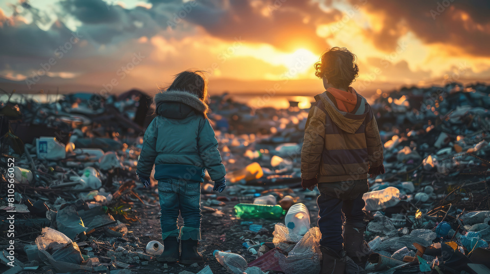 Polluted world. Garbage and waste. Children suffer from pollution ...