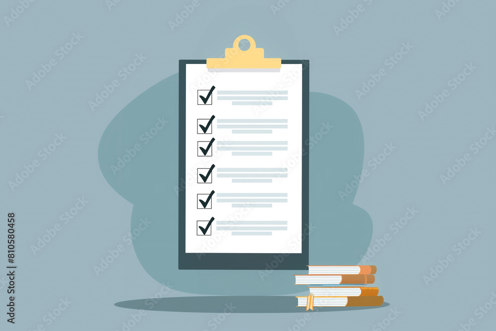 Checklist clipboard with marked boxes beside stacked books, Concept of ...