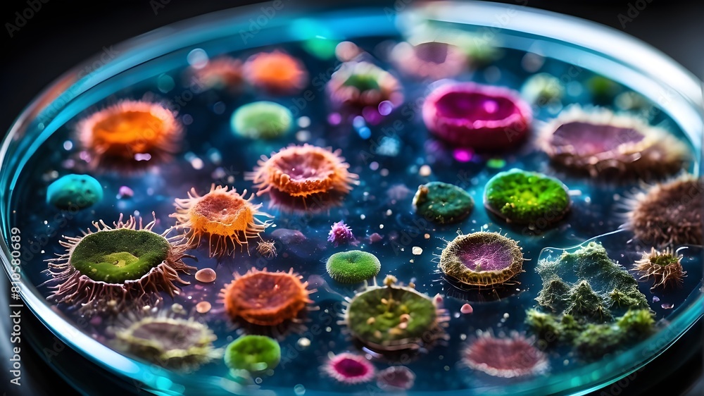 A colorful assortment of microorganisms, including bacteria, protozoa ...