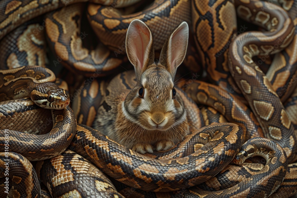 Cute fluffy rabbit victim surrounded by poisonous snake in a trap ...