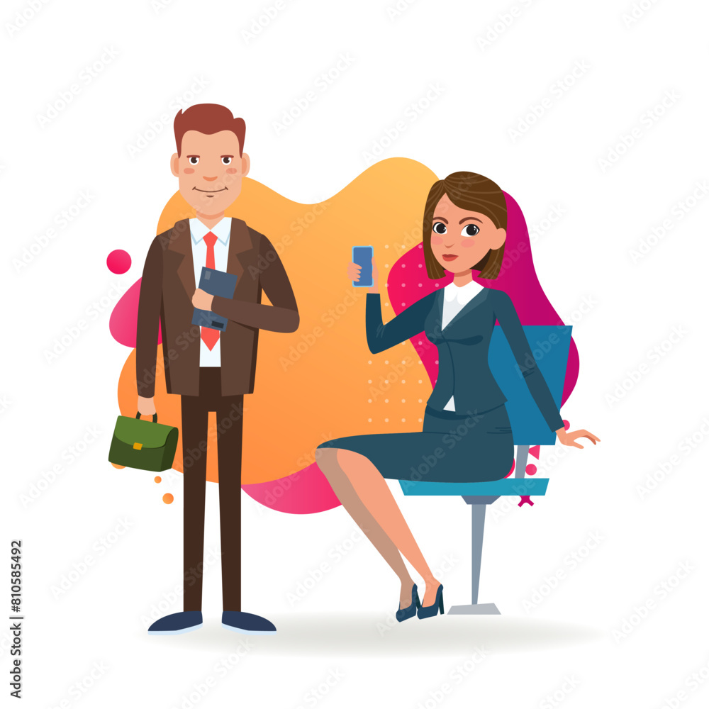 Businessman and female office assistant. Business cartoon characters in ...
