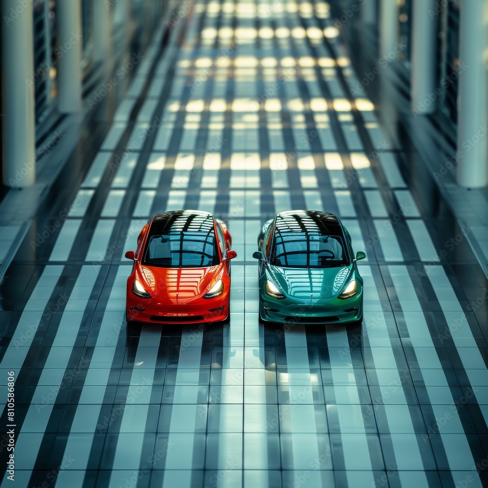 Vibrant colored electric cars speeding across a minimalist stage of ...