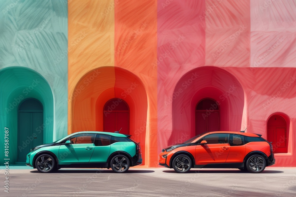 Vibrant colored electric cars speeding across a minimalist stage of ...