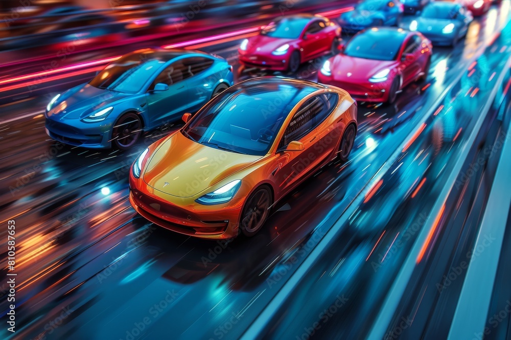 Vibrant colored electric cars speeding across a minimalist stage of ...