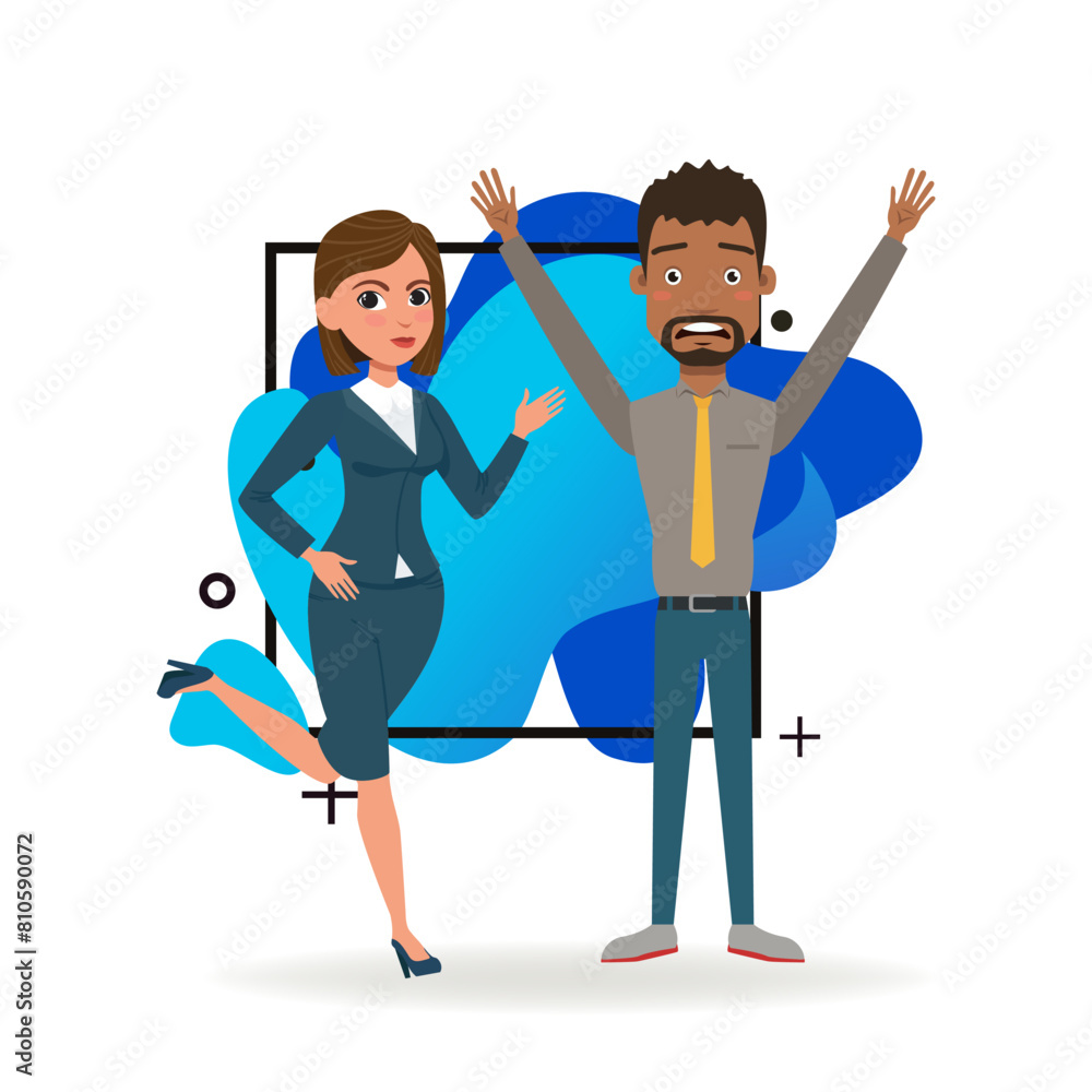 Two office employees late for work. Female and male cartoon characters ...