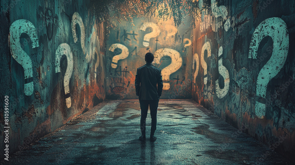 back view standing man and question mark, confused man Stock ...