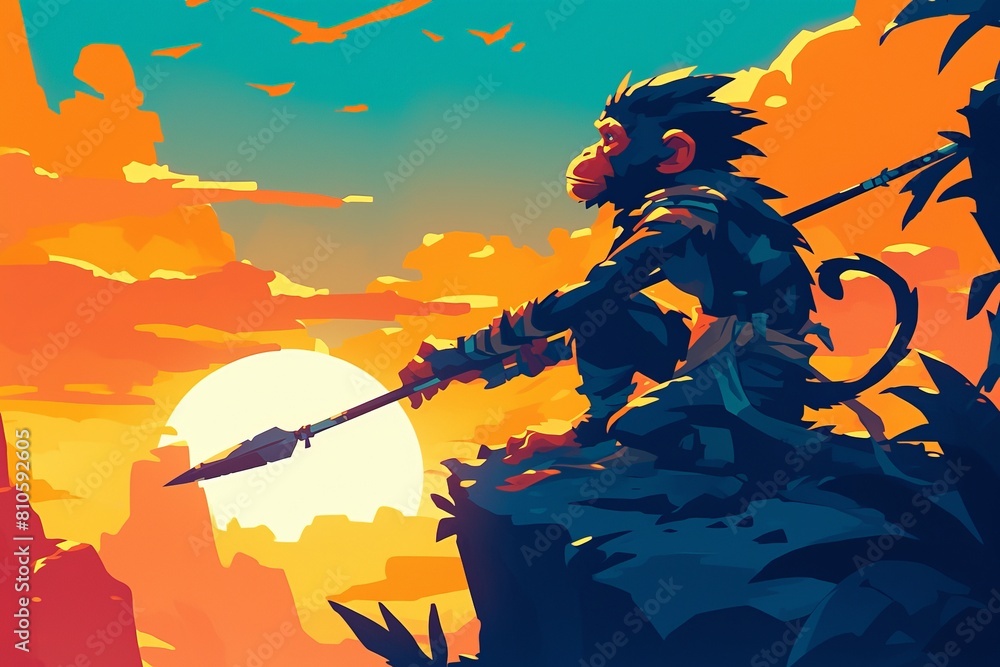 Monkey with a spear at sunset flat design top view ancient defender ...