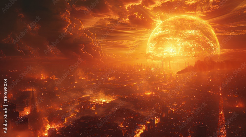 Heatwave scene of a sun-scorched city with shimmering roads ...