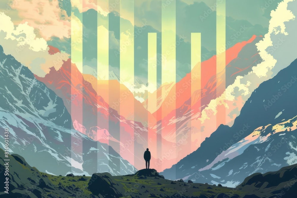 Eagles eye perspective with a man dwarfed by the vast mountain ranges ...