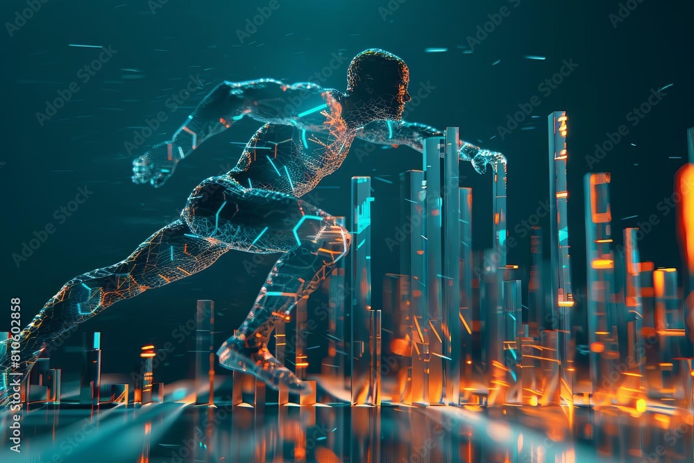 Athlete bound in sleek plastic rendering, body forming the peak of an ...