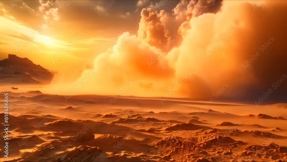 Desert scene with intense sandstorm scorching heat and harsh conditions ...