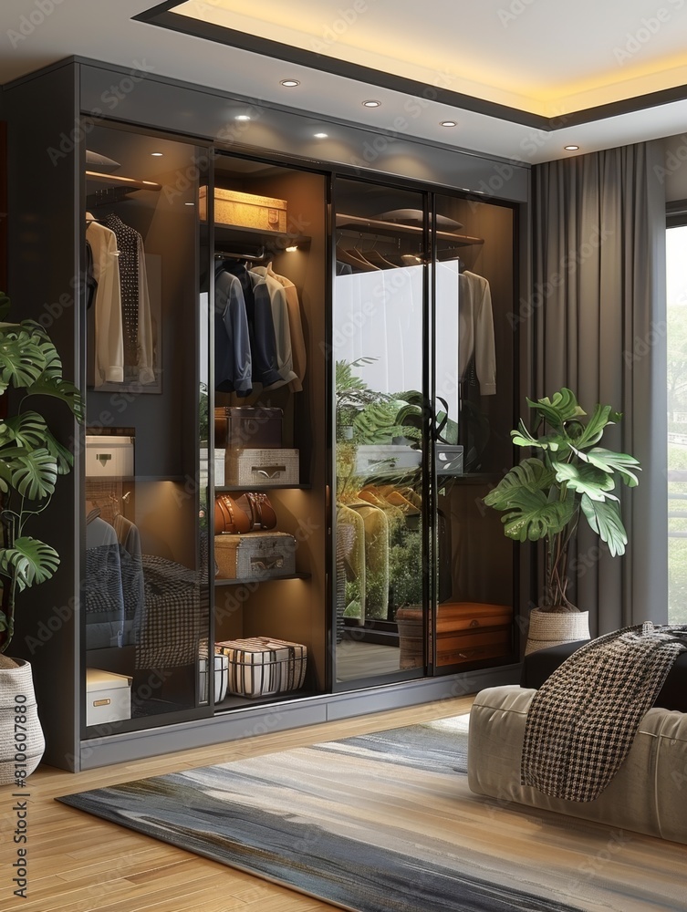 Gray wardrobe with glossy sliding doors in minimalist style interior ...