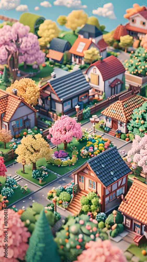 A cartoonish drawing of a neighborhood with houses and trees. The ...