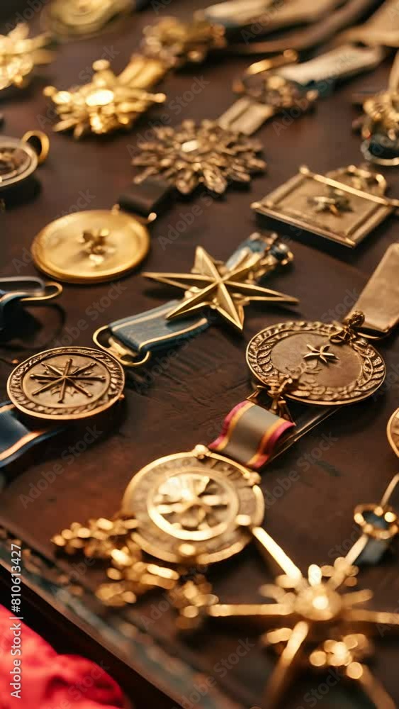 A collection of medals and awards are displayed on a table. The medals ...