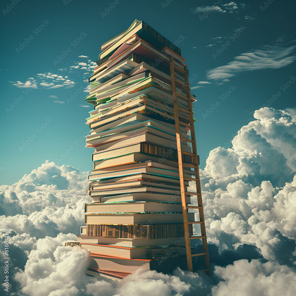 Abstract book stack with ladder on sky with clouds background. Ladder ...